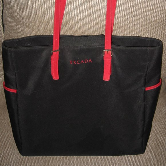 Escada | Bags | Escada Black Red Nylon Shopper Tote Purse Padded Laptop ...
